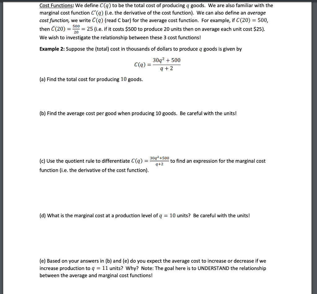Solved Cost Functions: We define C(q) to be the total cost | Chegg.com