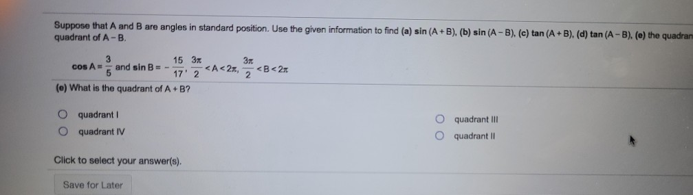 Solved Suppose that A and B are angles in standard position. | Chegg.com