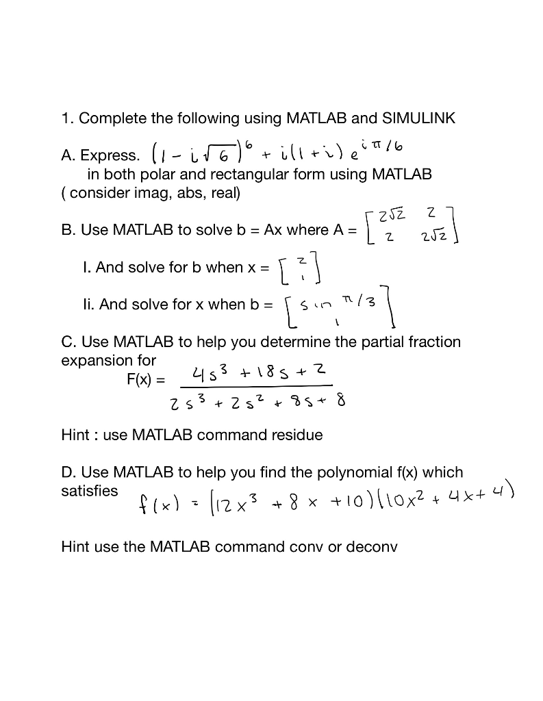 Solved 1. Complete the following using MATLAB and SIMULINK | Chegg.com