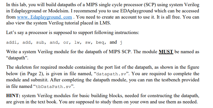 Solved In this lab, you will build datapaths of a MIPS | Chegg.com