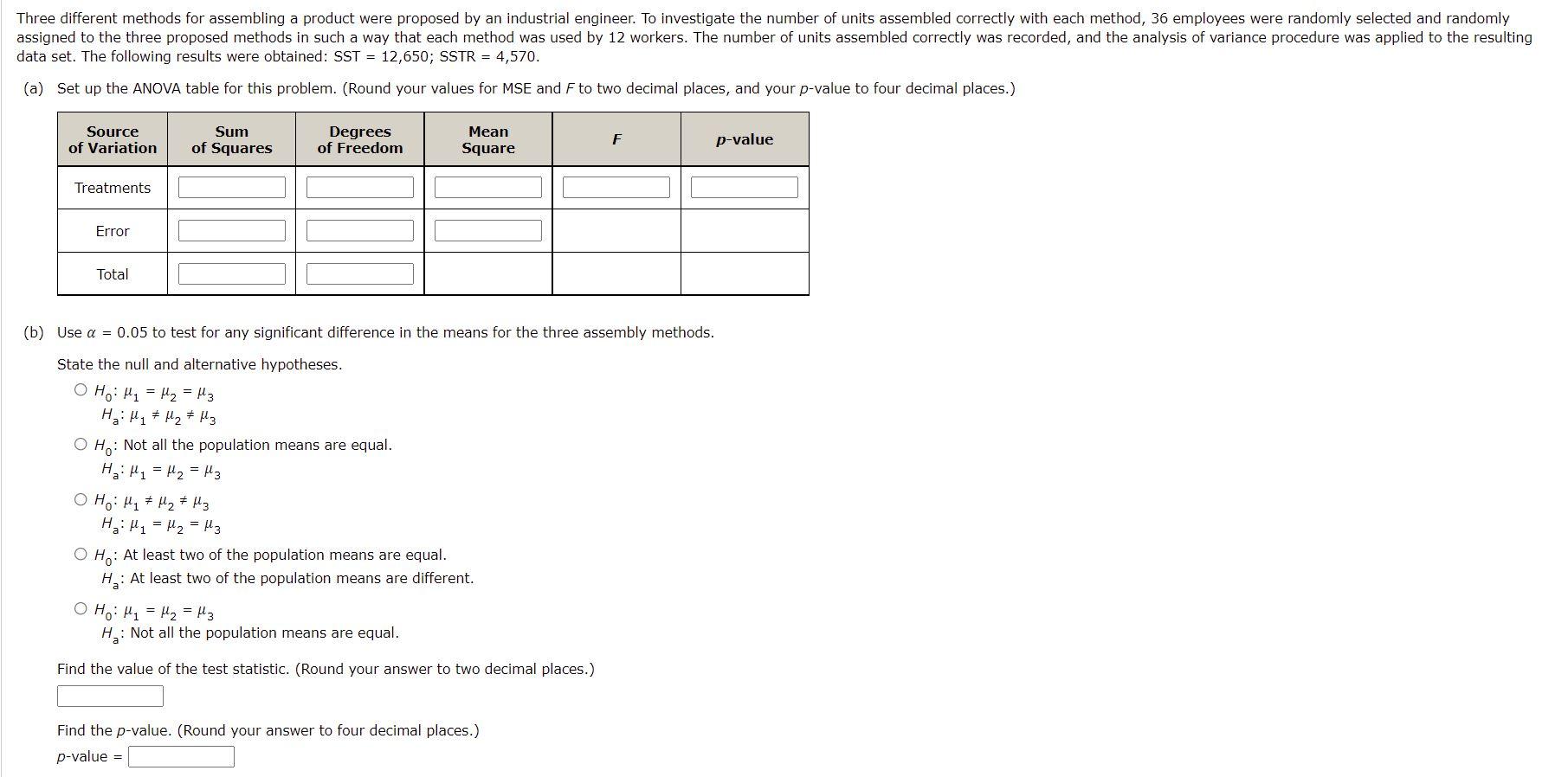 Solved Three different methods for assembling a product were | Chegg.com