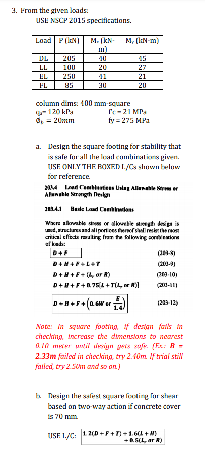 3. From the given loads: USE NSCP 2015 | Chegg.com