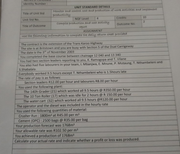 Solved Identity Number: UNIT STANDARD DETAILS Monitor and | Chegg.com
