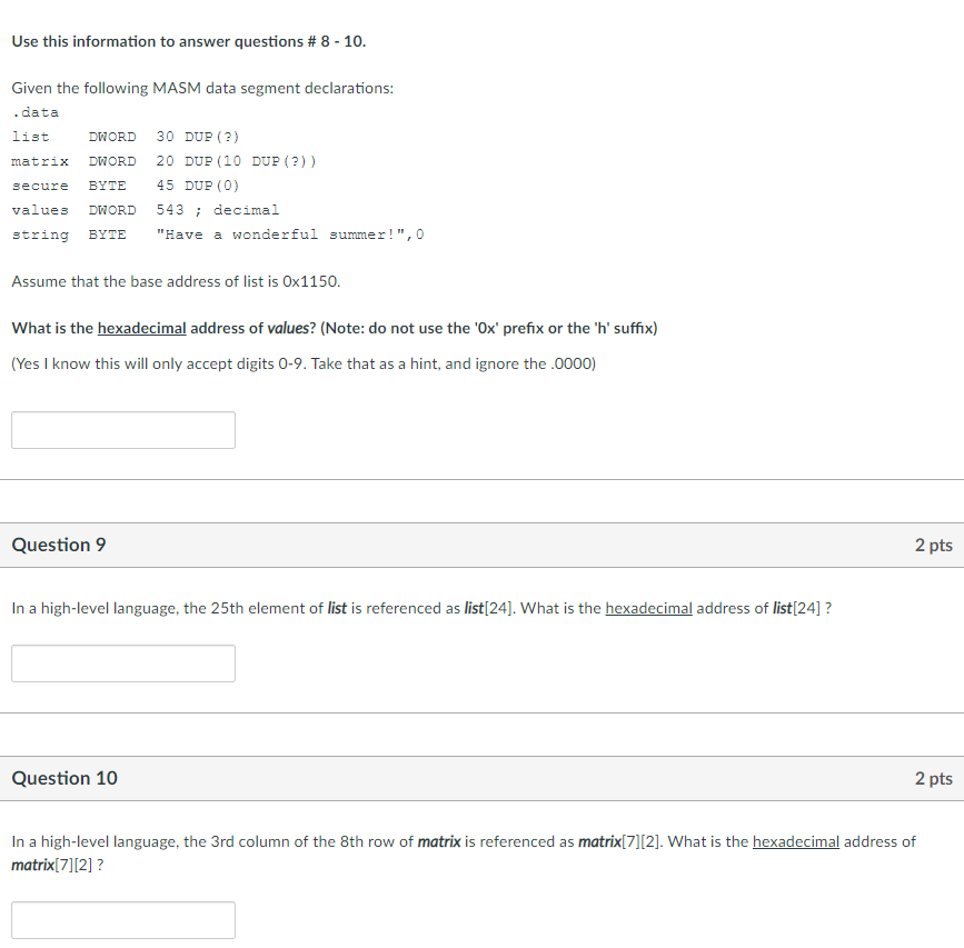 Solved Use this information to answer questions #8 - 10. | Chegg.com