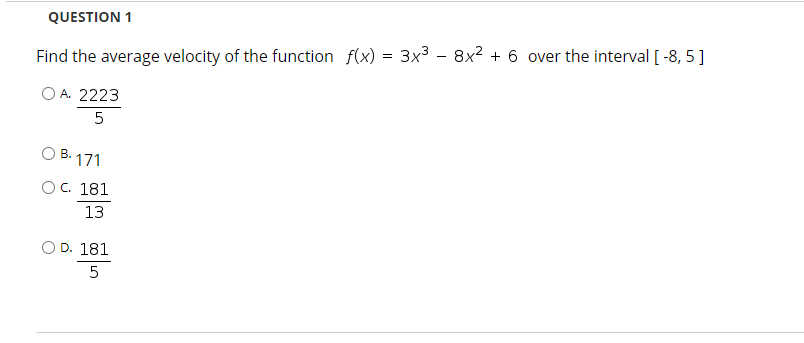 Solved QUESTION 1 Find the average velocity of the function | Chegg.com