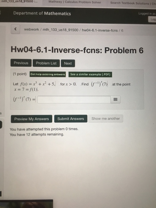 Solved mth 133 us18 91500:... Mathway I Calculus Problem | Chegg.com