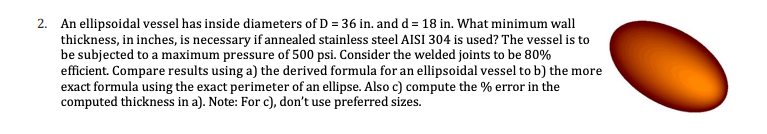 Solved 2. An ellipsoidal vessel has inside diameters of D = | Chegg.com