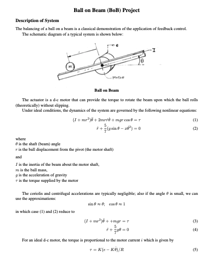 Solved Description of System The balancing of a ball on a | Chegg.com