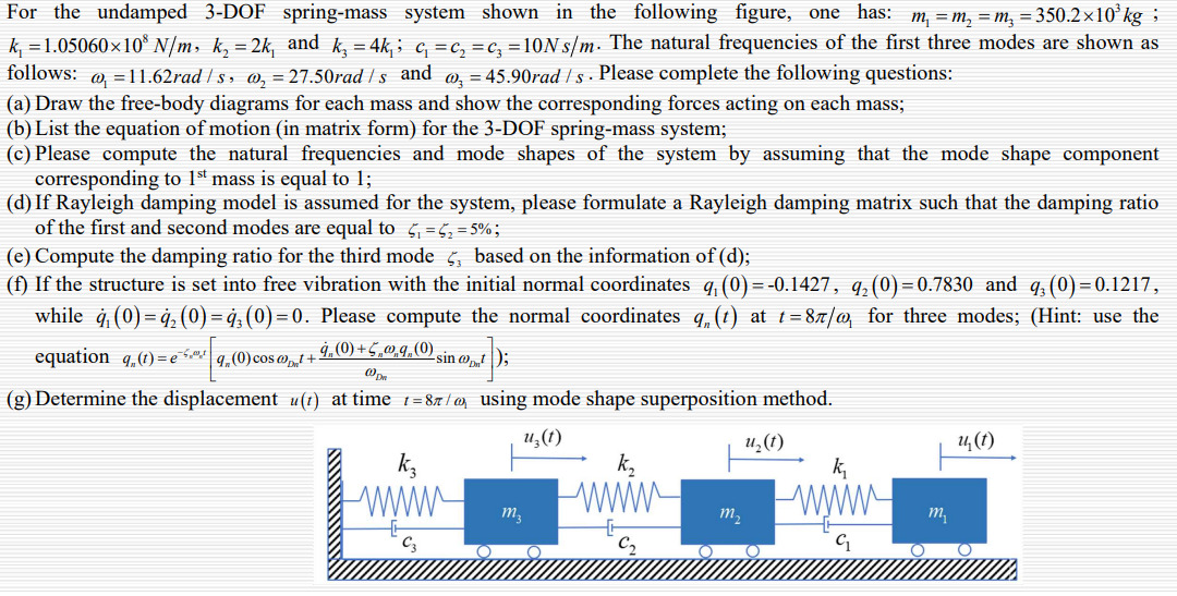 Solved For the undamped 3-DOF spring-mass system shown in | Chegg.com