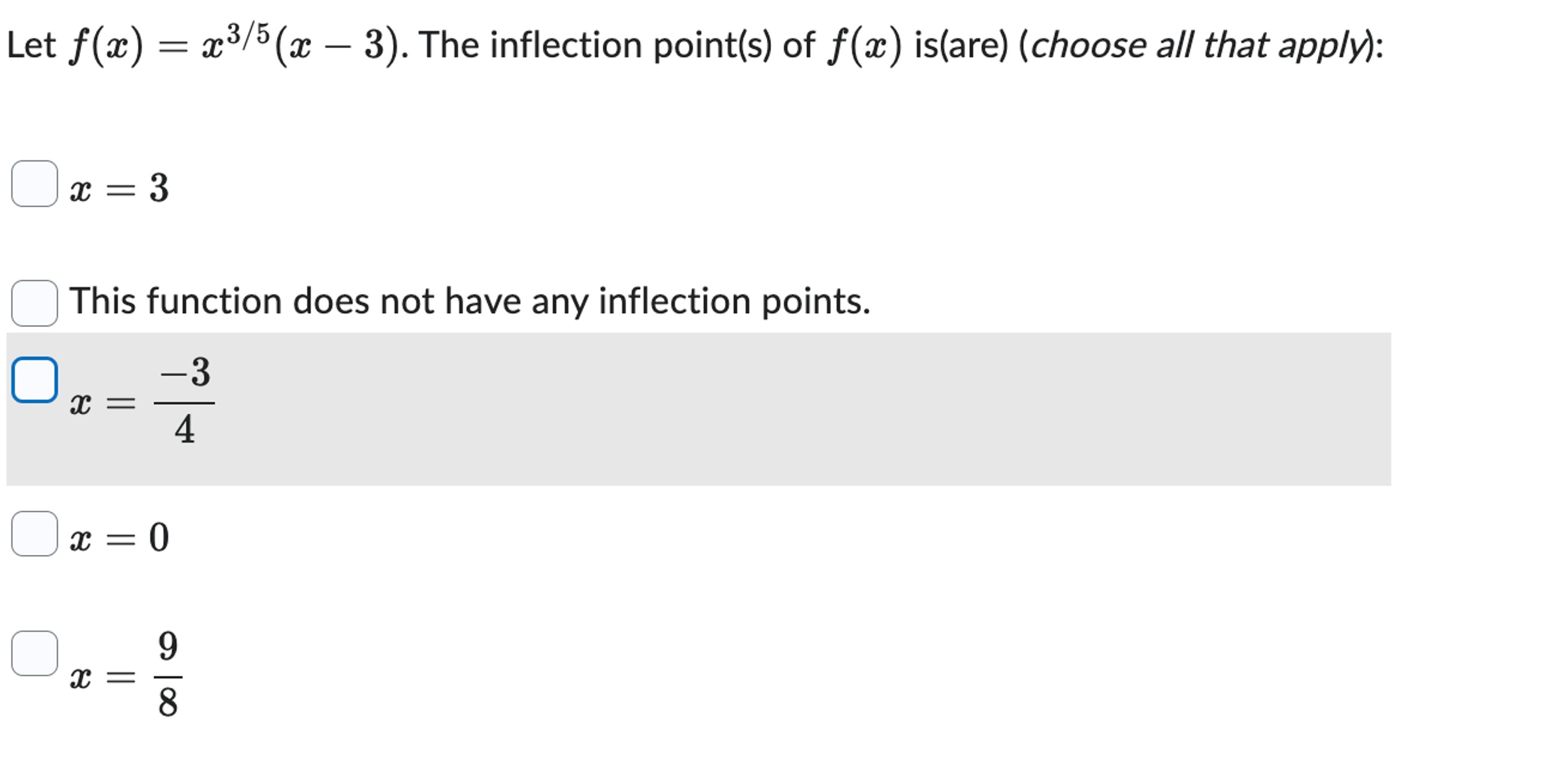 Solved Let f(x)=x35(x-3). ﻿The inflection point(s) ﻿of f(x) | Chegg.com