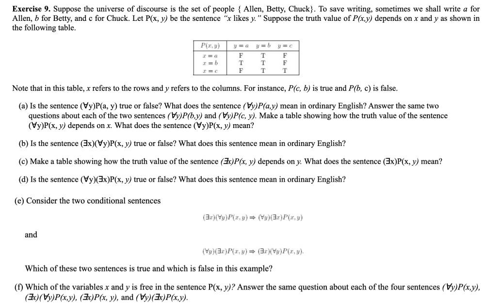Solved Exercise 9. Suppose the universe of discourse is the | Chegg.com