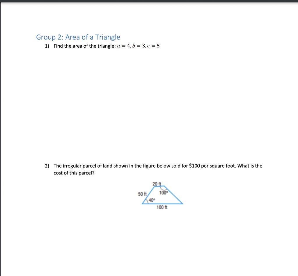 Solved Group 2: Area of a Triangle 1) Find the area of the | Chegg.com
