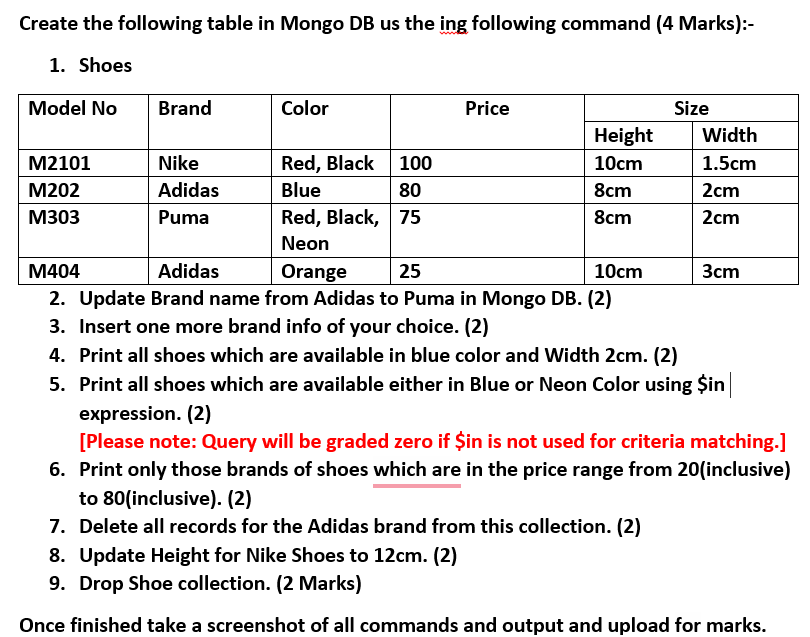 Solved Create the following table in Mongo DB us the ing | Chegg.com
