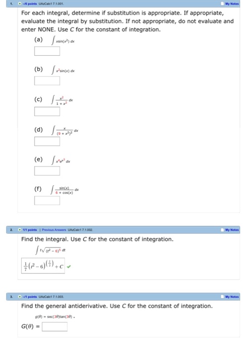 Solved For each integral, determine if substitution is | Chegg.com