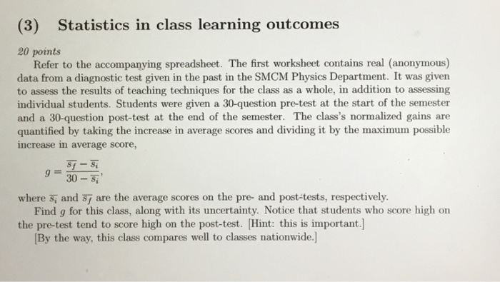 Solved (3) Statistics in class learning outcomes 20 points | Chegg.com
