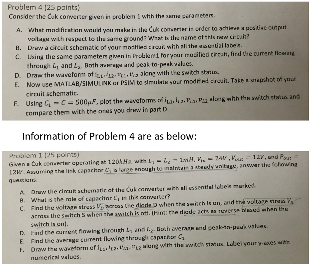 Problem 4 (25 points) Consider the Cuk converter | Chegg.com