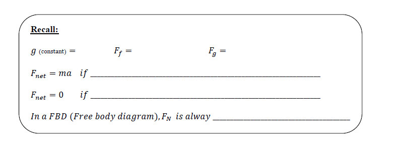 Solved Recall: g (constant) = Ff = F, Fret = ma if Fnet 0 if | Chegg.com