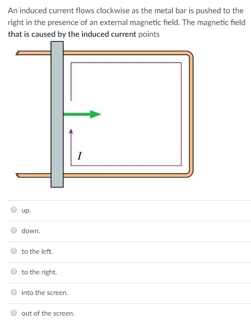 Solved An induced current flows clockwise as the metal bar | Chegg.com