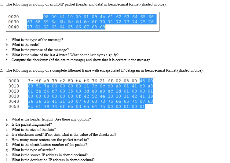 Solved 1. The following is a dump of an ICMP packet (header | Chegg.com