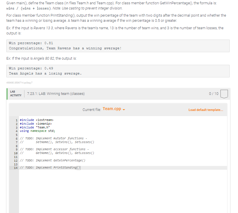 Solved Given main(), define the Team class (in files Team.h | Chegg.com