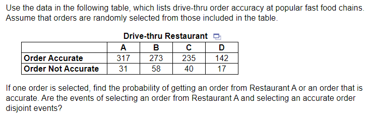 Solved The probability of getting an order from Restaurant A | Chegg.com