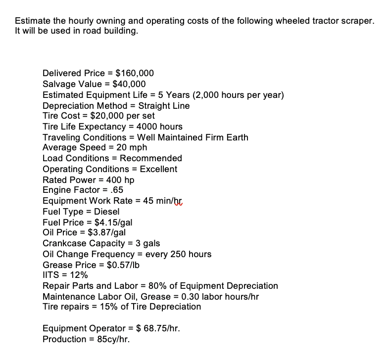 Solved Estimate the hourly owning and operating costs of the | Chegg.com