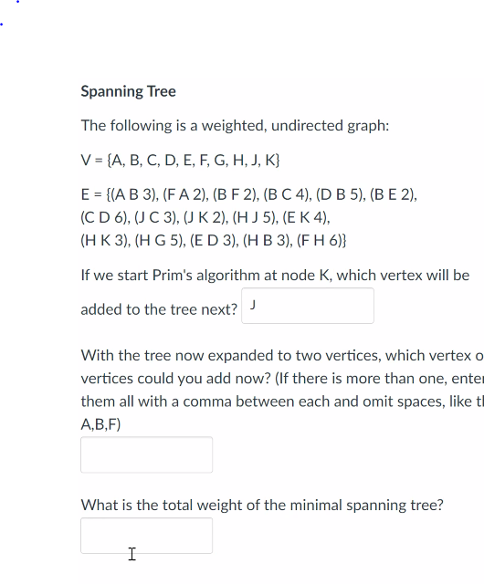 Solved Spanning Tree The following is a weighted, undirected | Chegg.com