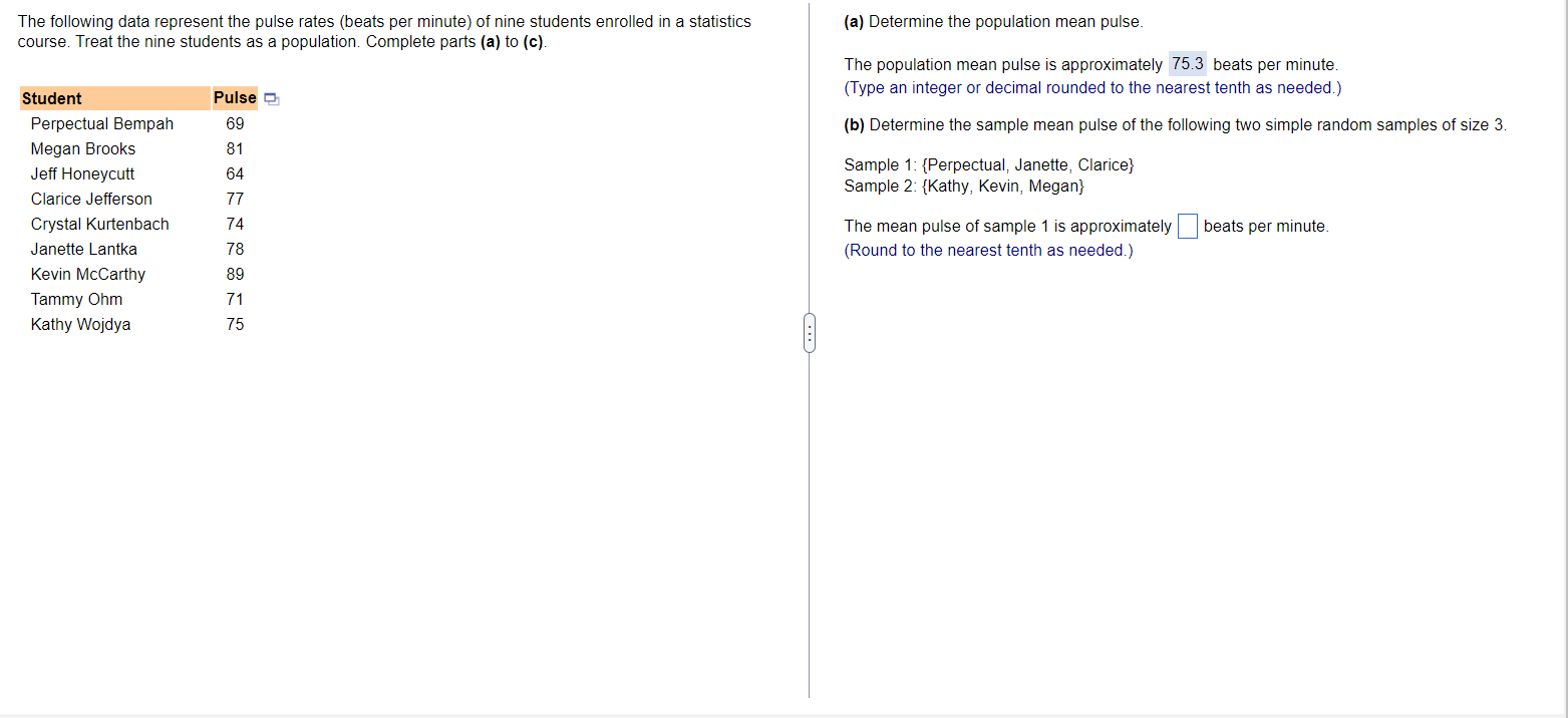 Solved (a) ﻿Determine the population mean pulse.The | Chegg.com