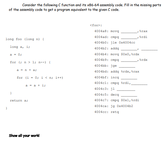 Consider the following function and its x86-64 | Chegg.com