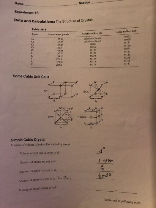 Solved Section Experiment 16 Data and calculations: The | Chegg.com