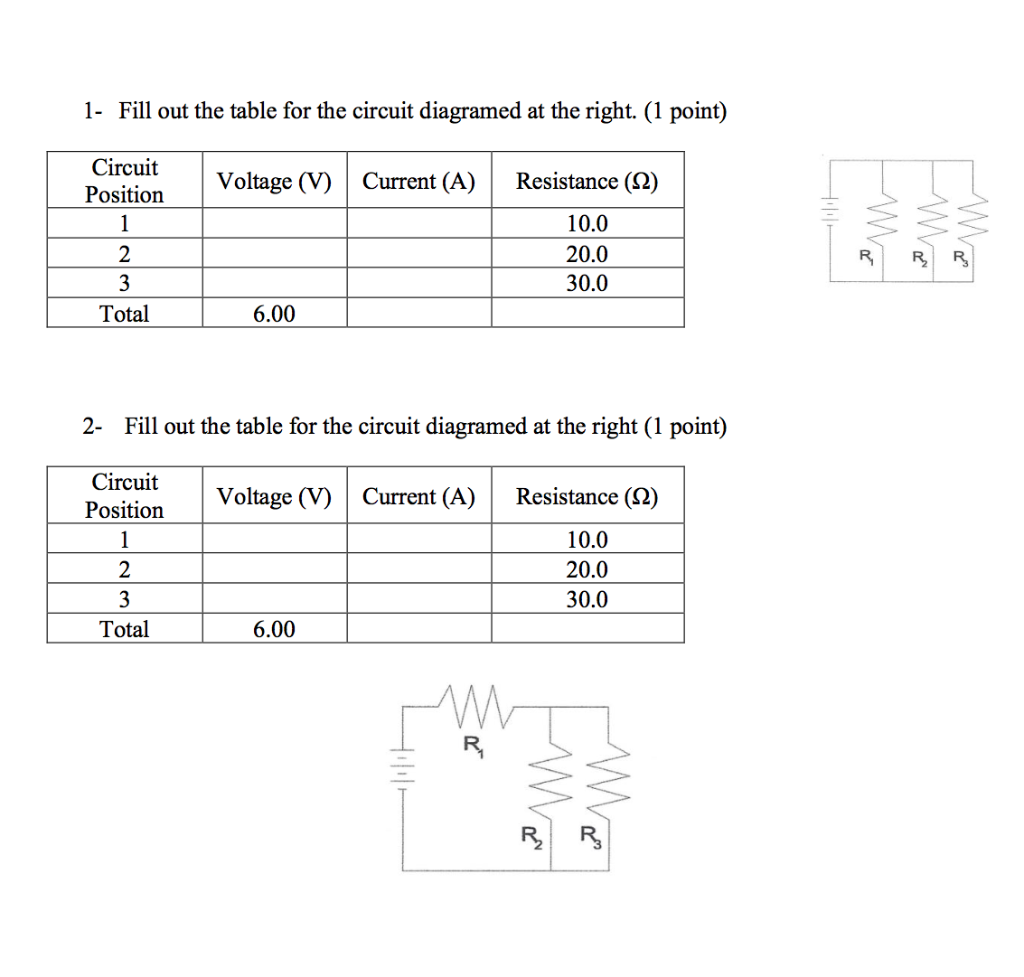 Solved 1- Fill out the table for the circuit diagramed at | Chegg.com