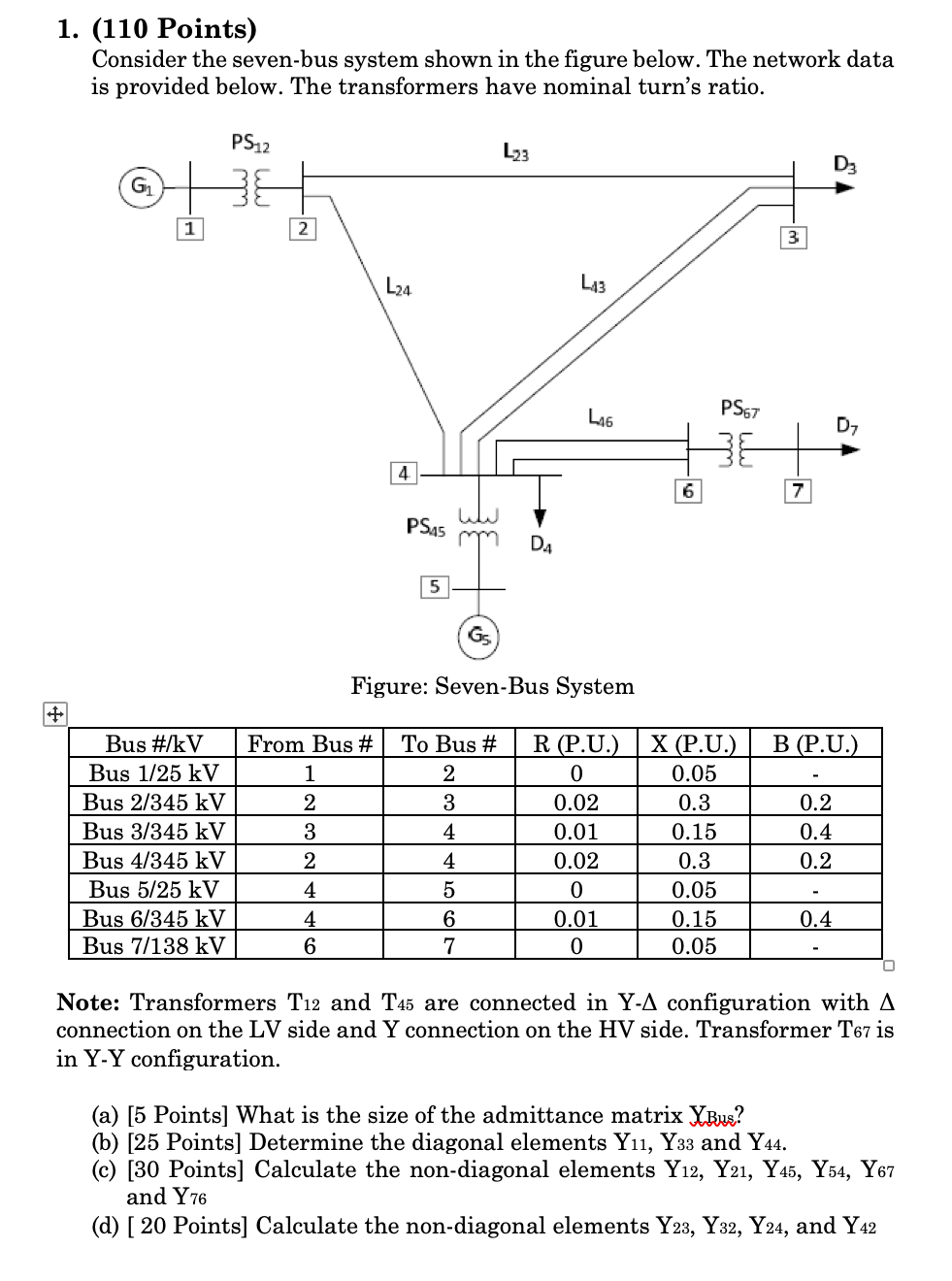 Solved 1. (110 Points) Consider the seven-bus system shown | Chegg.com