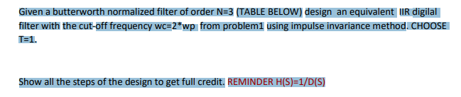 Given a butterworth normalized filter of order N=3 | Chegg.com