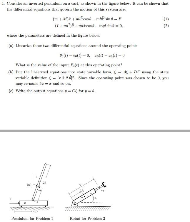 Solved 4. Consider an inverted pendulum on a cart, as shown | Chegg.com
