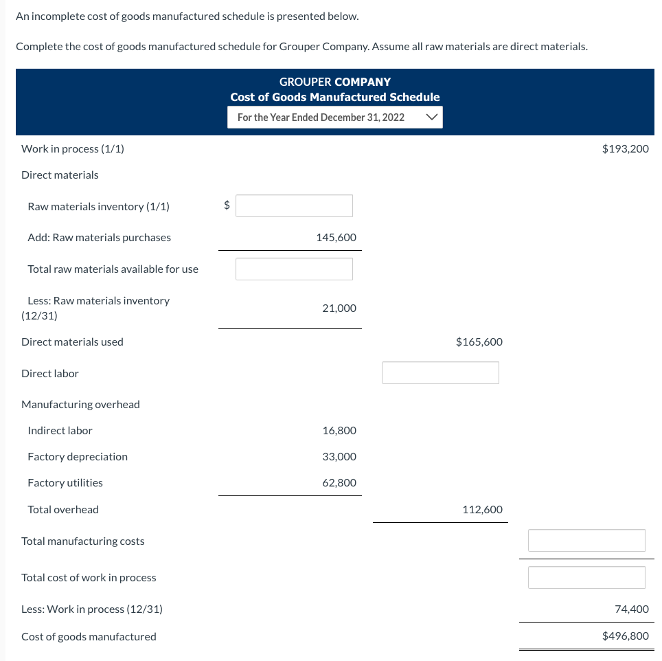 Solved An incomplete cost of goods manufactured schedule is | Chegg.com