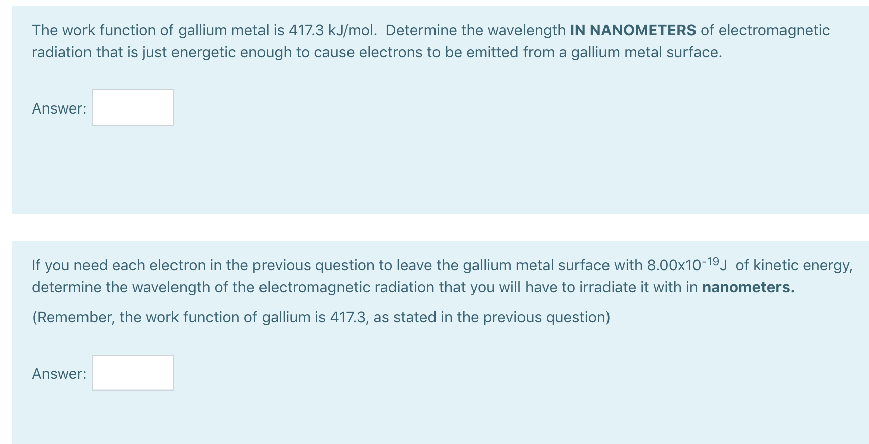 Solved The work function of gallium metal is 417.3 kJ/mol. | Chegg.com