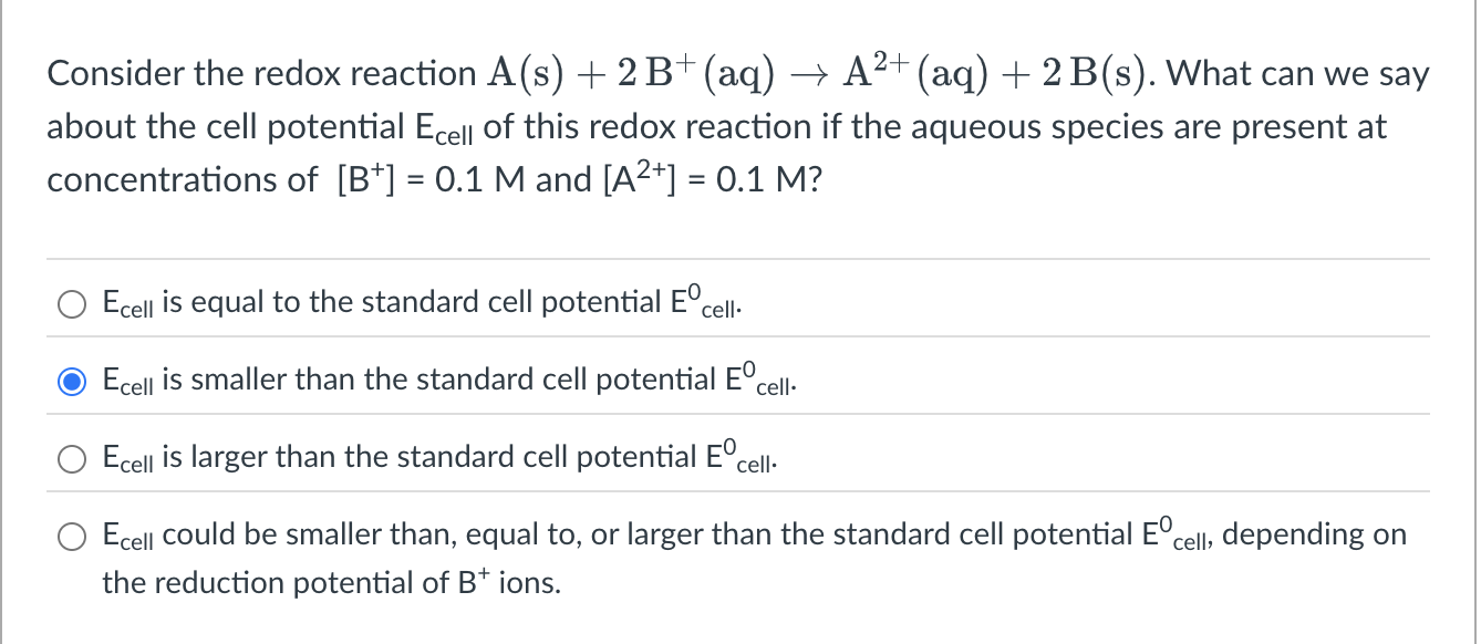 Solved Consider the redox reaction | Chegg.com