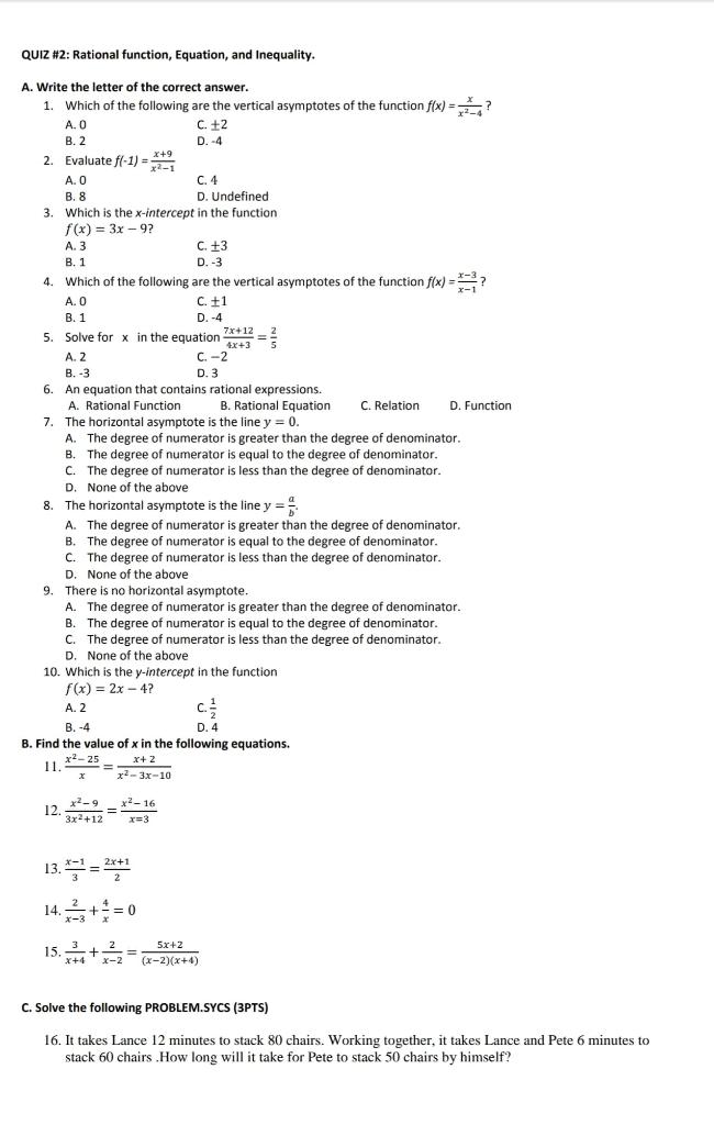 Solved QUIZ #2: Rational function, Equation, and Inequality. | Chegg.com