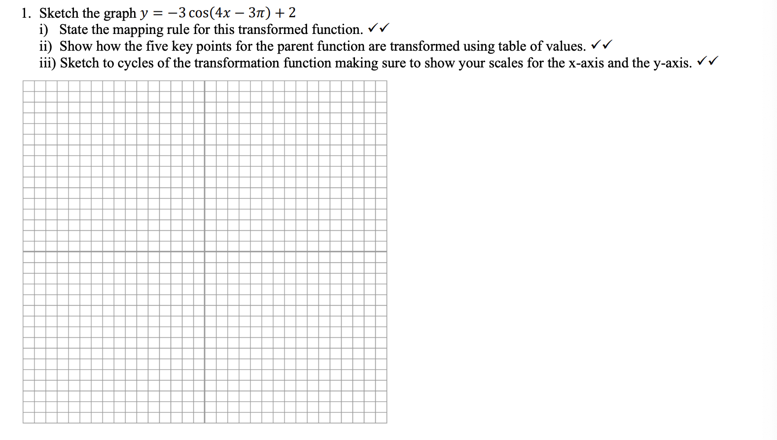 Solved 1. Sketch the graph y=−3cos(4x−3π)+2 i) State the | Chegg.com
