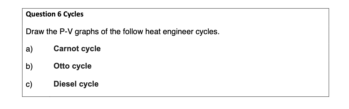 Solved Question 6 Cycles Draw the P-V graphs of the follow | Chegg.com