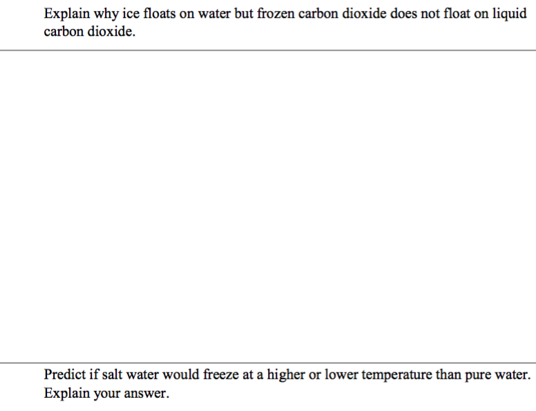 Solved Explain why ice floats on water but frozen carbon | Chegg.com