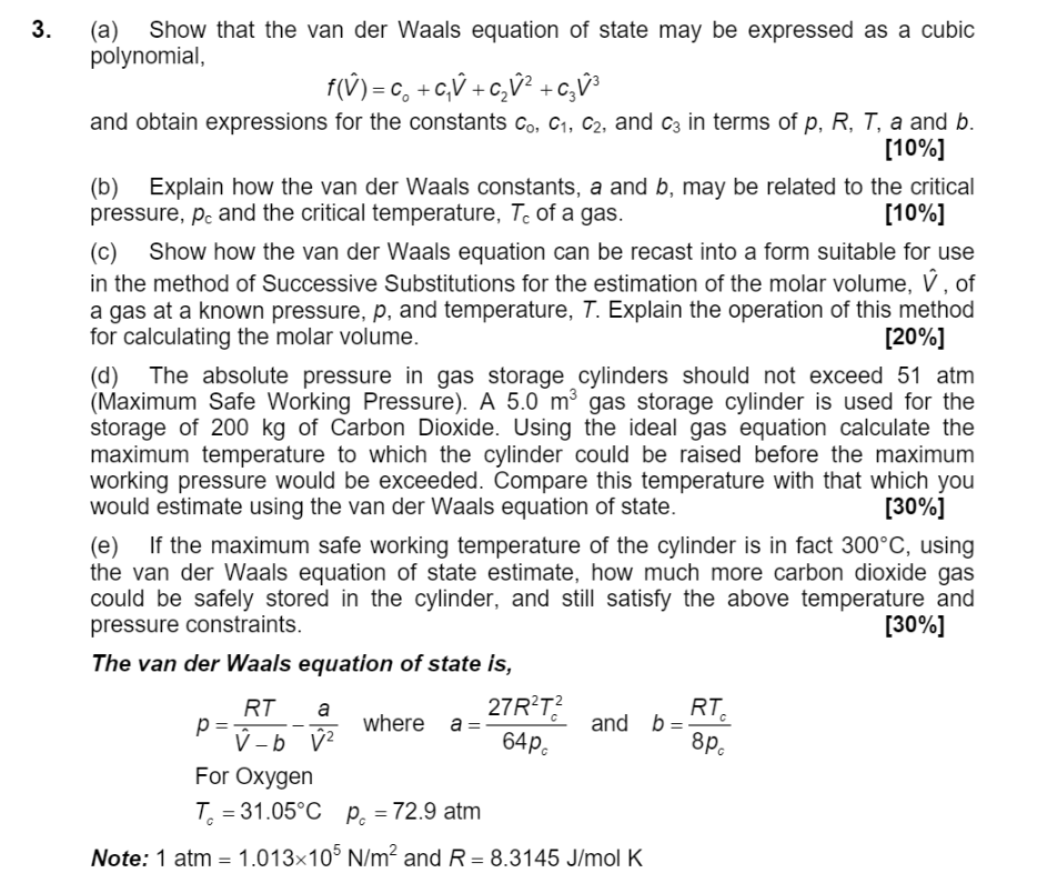 Solved 3. (a) Show that the van der Waals equation of state | Chegg.com