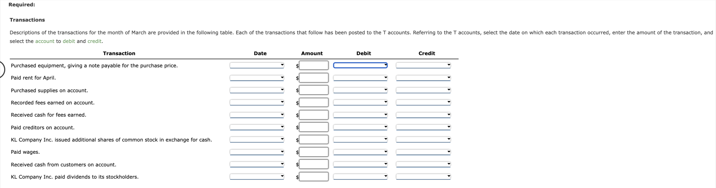 Solved Mastery Problem: Analyzing Transactions KL Company | Chegg.com