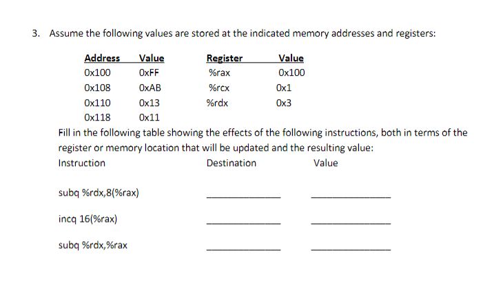 Solved 3. Assume the following values are stored at the | Chegg.com