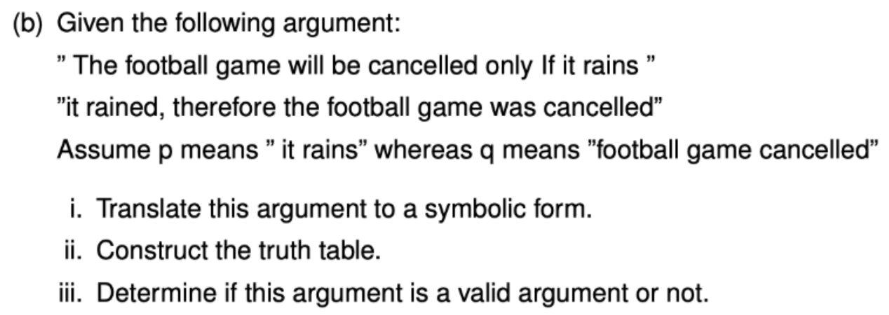 Solved (b) Given the following argument: ” The football game | Chegg.com