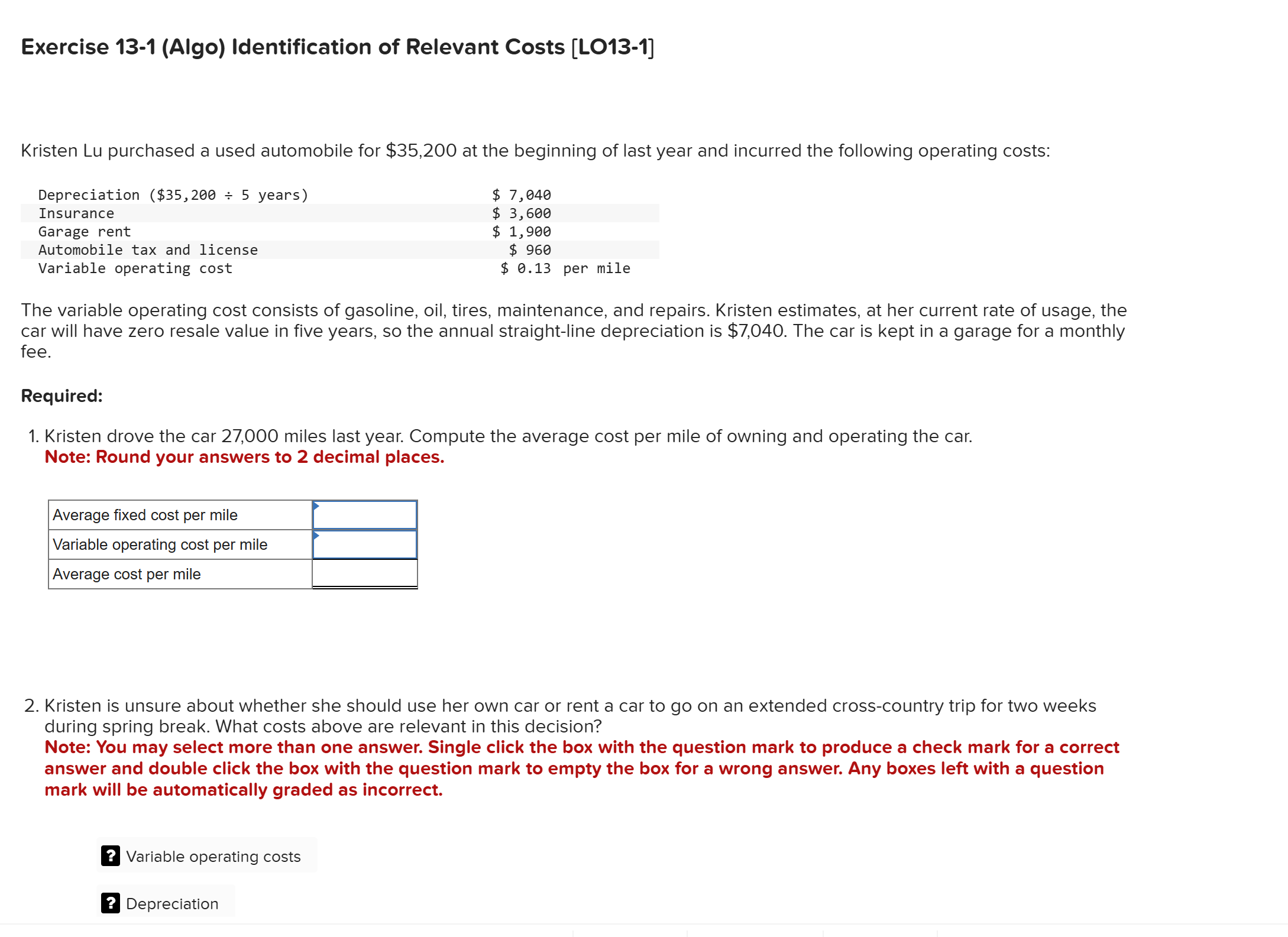 Solved Exercise 13-1 (Algo) ﻿Identification of Relevant | Chegg.com