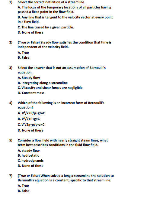 Solved 1) Select the correct definition of a streamline. A. | Chegg.com