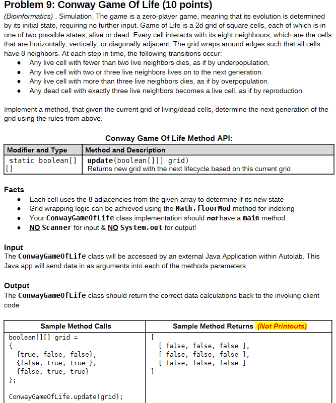 Solved Problem 9: Conway Game Of Life (10 points) | Chegg.com
