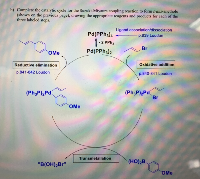 Solved Pd (PPh 324 B (oH2) Br H2O THF 从e b) Complete the | Chegg.com