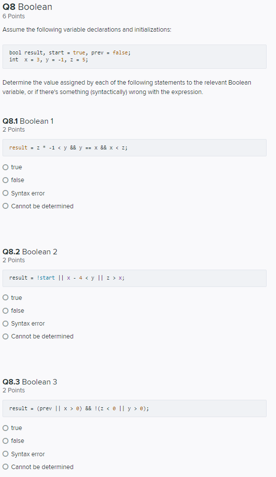 Solved Q8 Boolean 6 Points Assume the following variable | Chegg.com